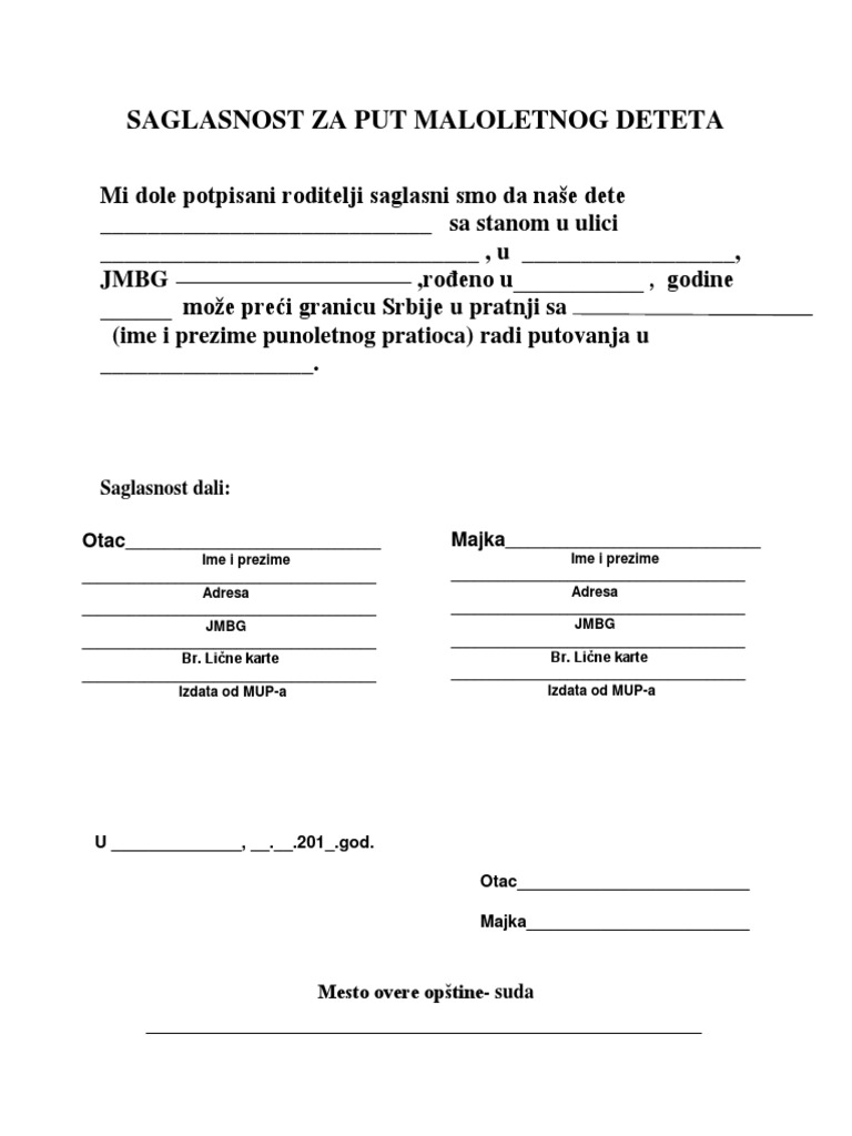 Saglasnost Za Put Maloletnog Deteta | PDF