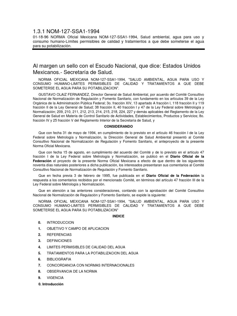 Nom 127 Ssa1 1994 PDF | PDF | Ph | Agua