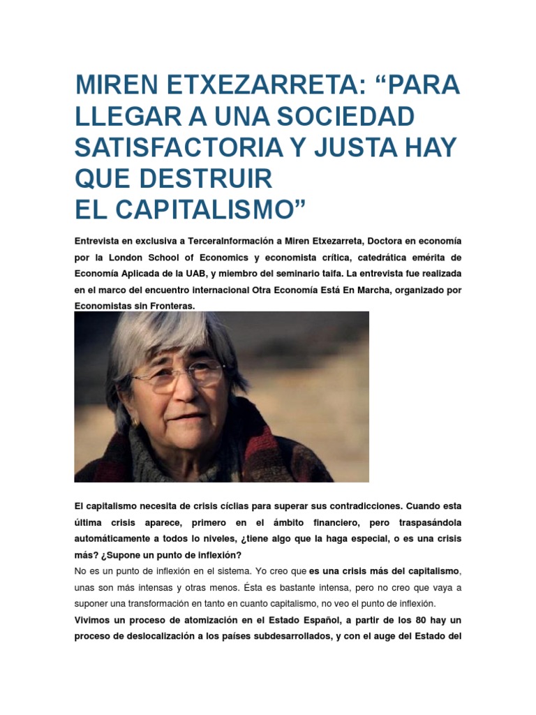 Miren Etxezarreta Explica Cómo Destruir El Capitalismo Para Alcanzar