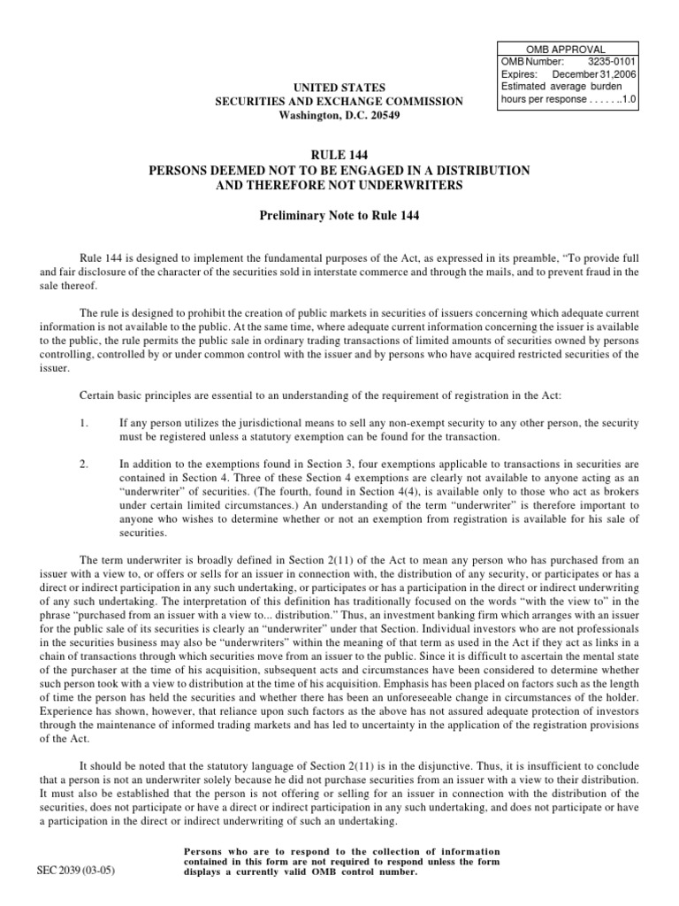 Rule 144 | Securities Act Of 1933 | Securities (Finance) | Free 30-day ...