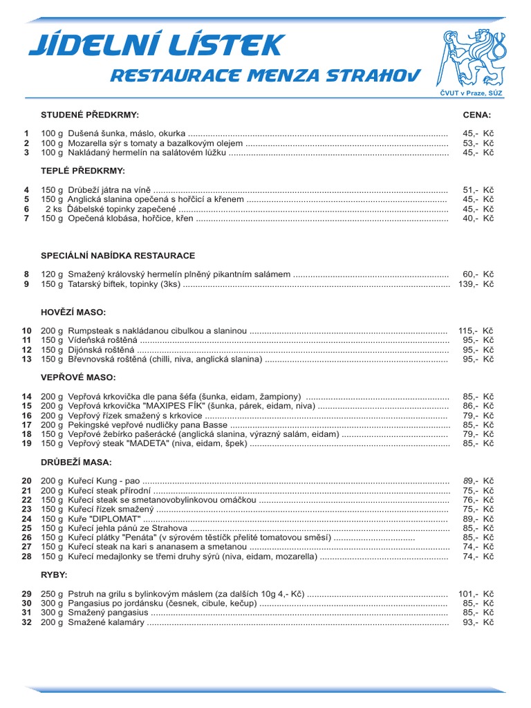 Menza Strahov Menu | PDF