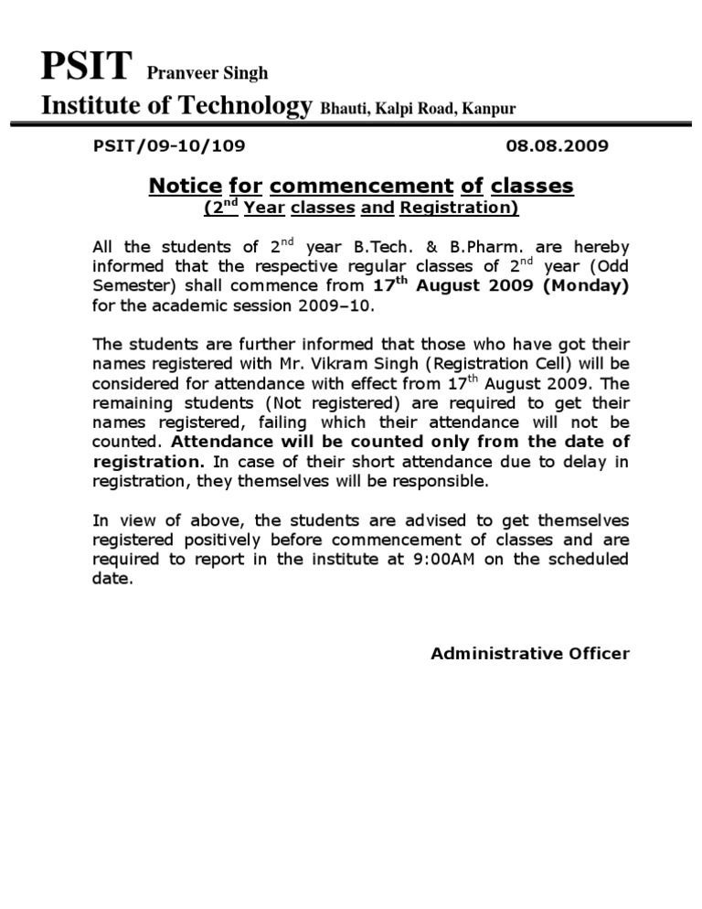 2nd Year Classes Start Notice | PDF