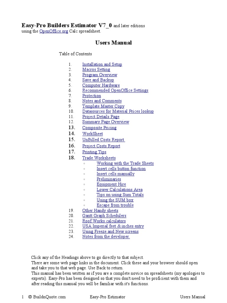 Easy-Pro Builders Estimating Spreadsheet Manual V8 - 0 | PDF ...