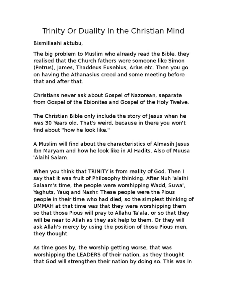 Trinity or Duality of God in The Christian Mind | PDF | Allah | Trinity