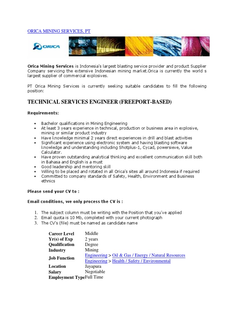 Technical Services Engineer (Freeport-Based) : Orica Mining Services ...