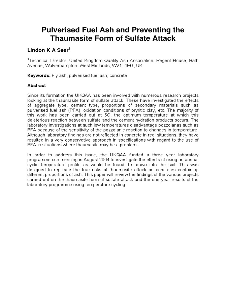 PFA and Preventing Thaumasite Sulfate Attack in Concrete | PDF | Fly ...