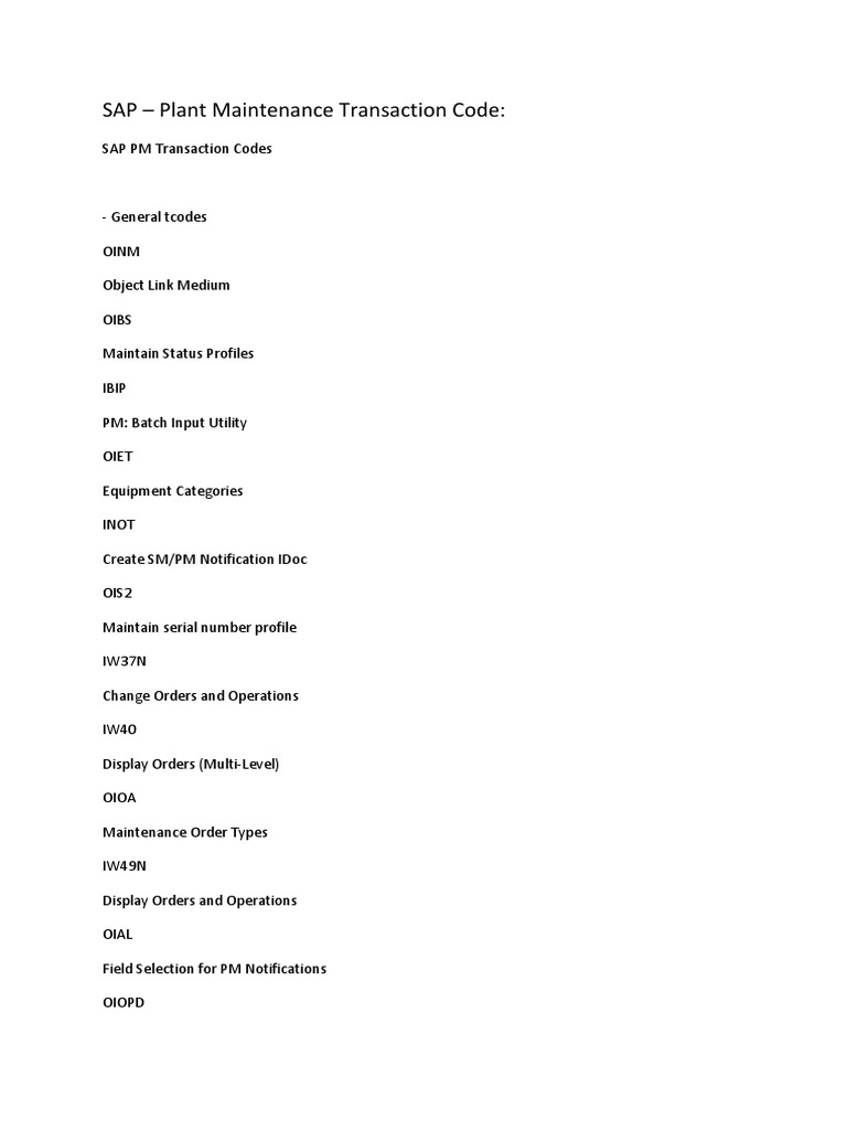 SAP - T - Codes For PM Module | PDF | Areas Of Computer Science | Software