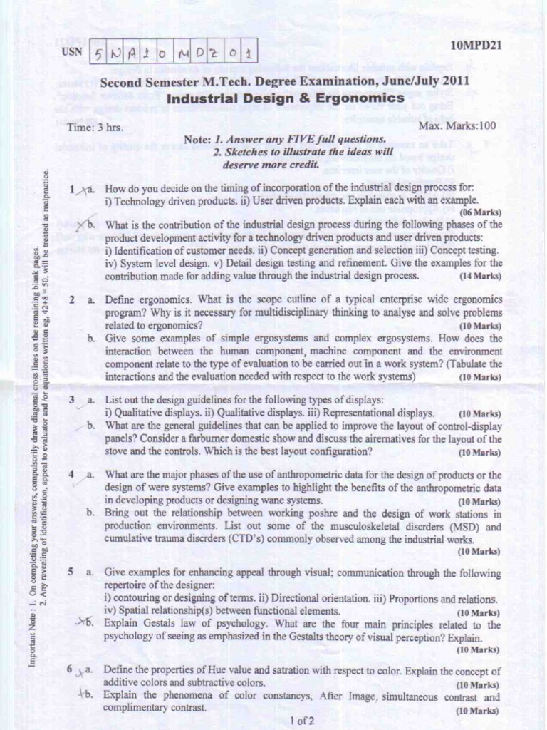 Industrial Design and Ergonomics Question Paper | PDF