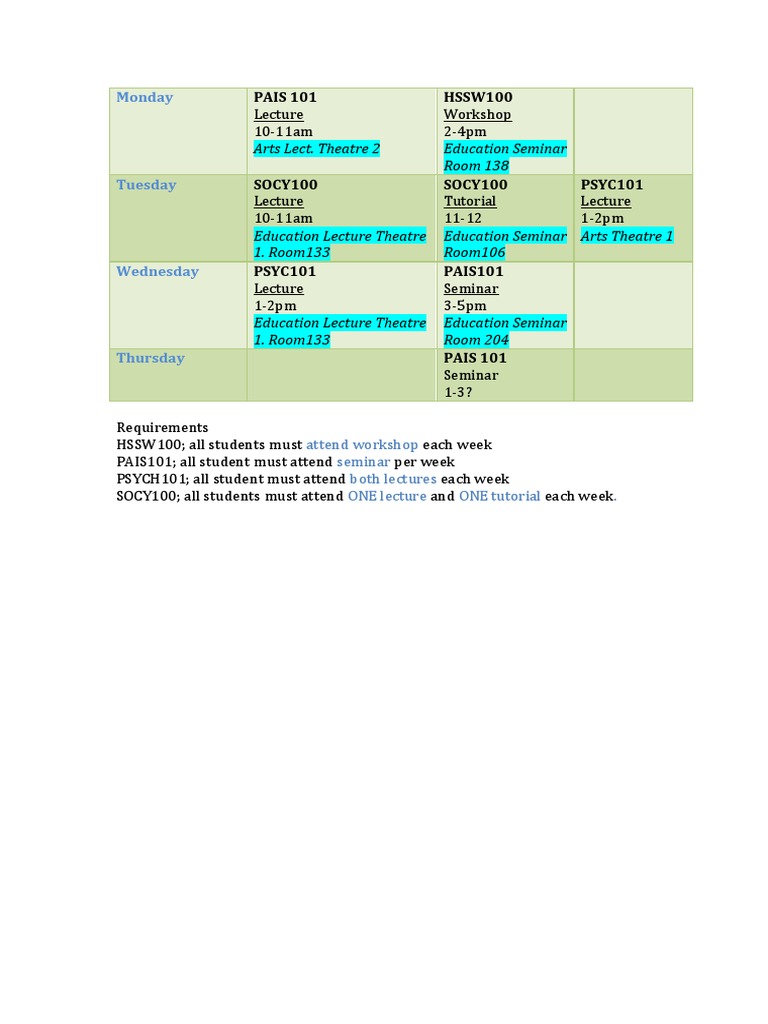 Weekly Class Schedule for PAIS, SOCY, PSYC | PDF