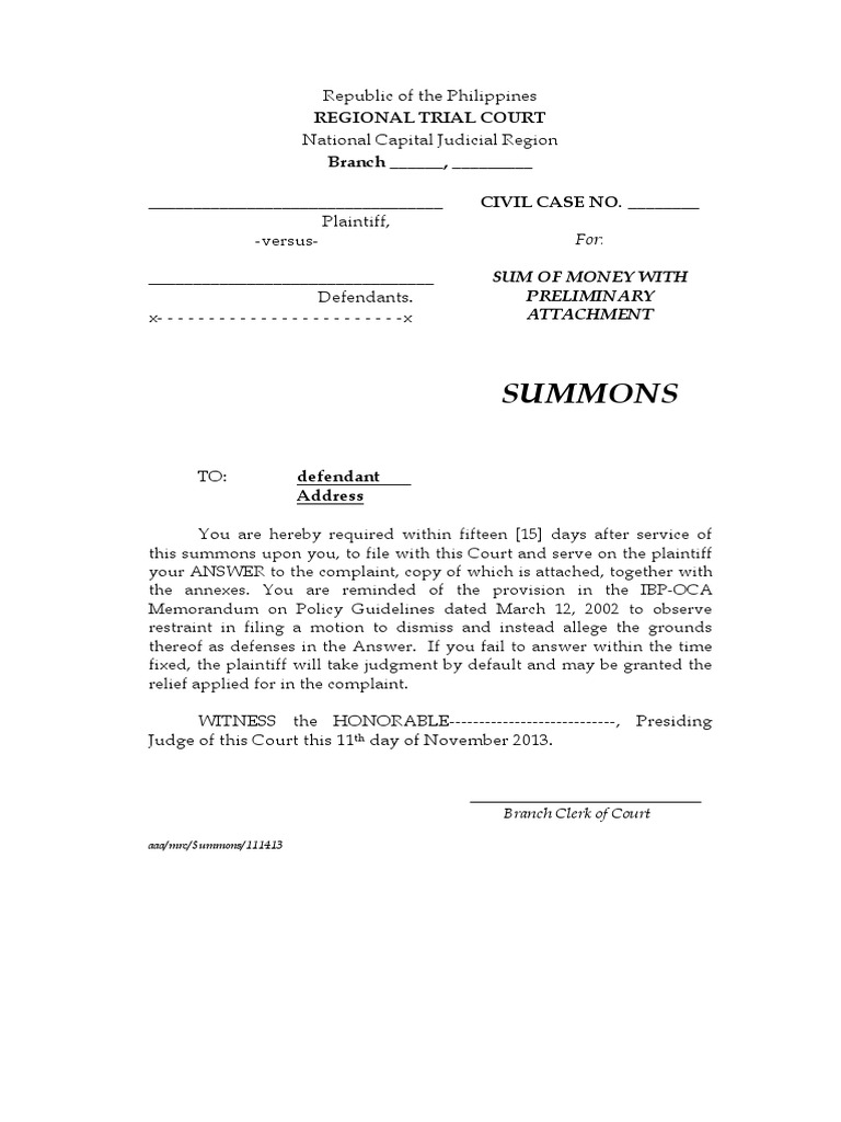Court Summons for Civil Case No. ____ | PDF | Business | Finance ...