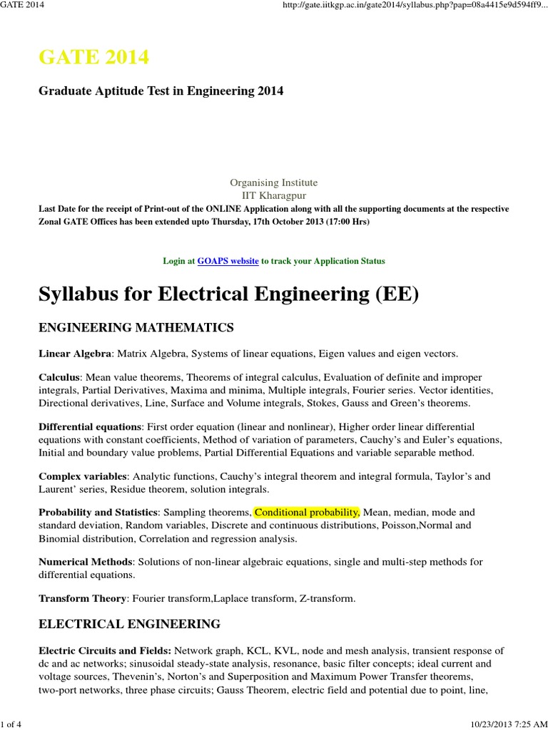 GATE 2014: Syllabus For Electrical Engineering (EE) | PDF | Integral ...