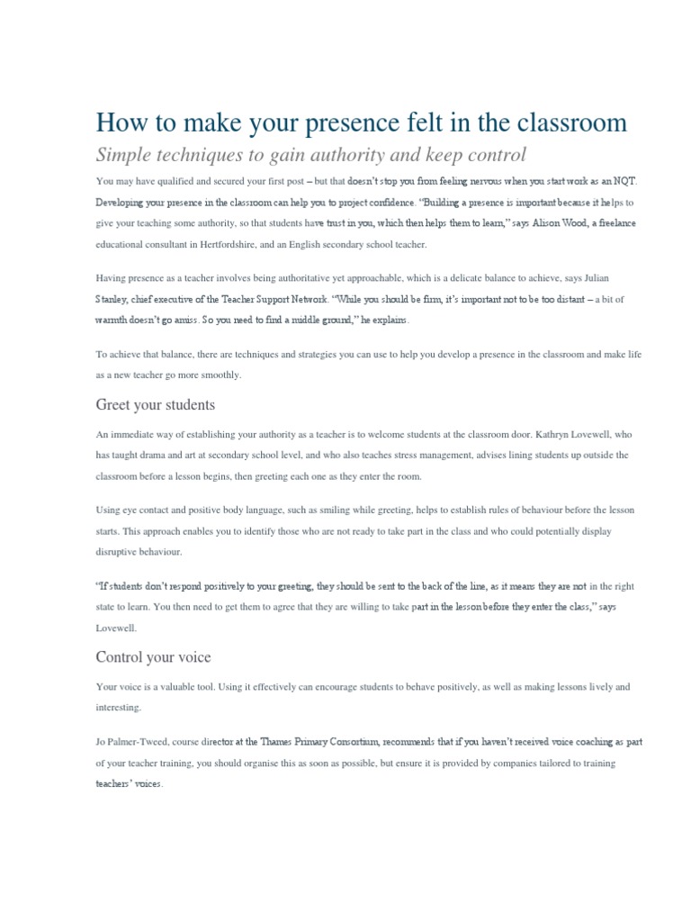 Classroom Presence Techniques for Teachers | PDF | Classroom | Body ...