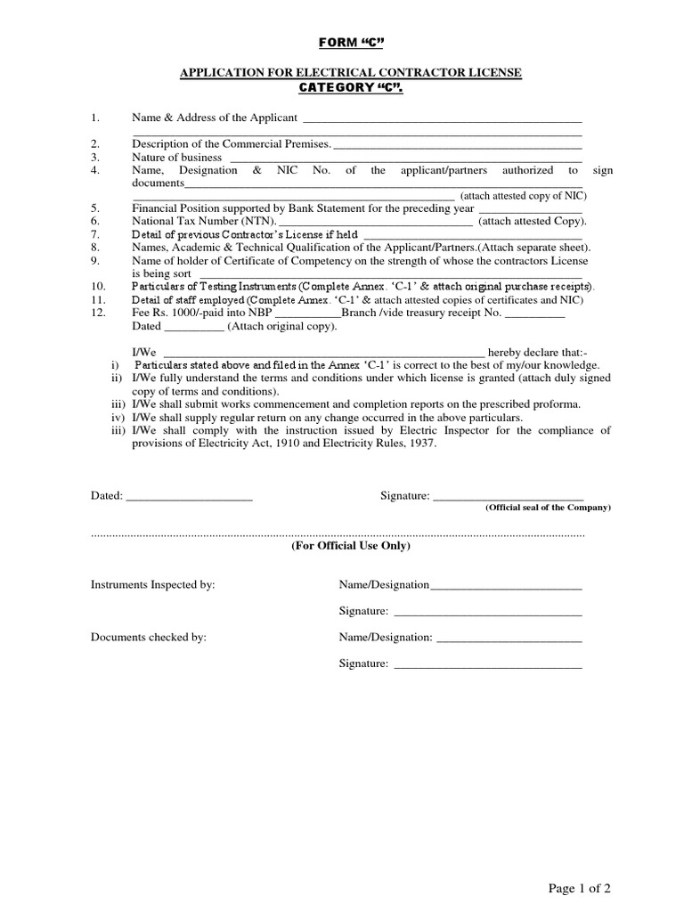 C Class Electrical Contractor License Application | PDF