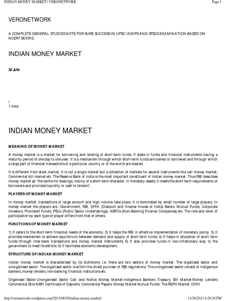 Indian Money Market | PDF | Securities (Finance) | Reserve Bank Of India