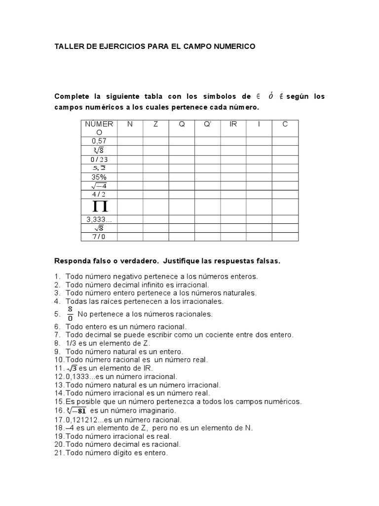 Taller de Ejercicios para El Campo Numerico | PDF