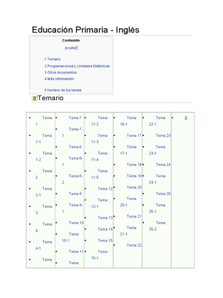 Indice Temario Oposicion Ingles | PDF | Educación avanzada