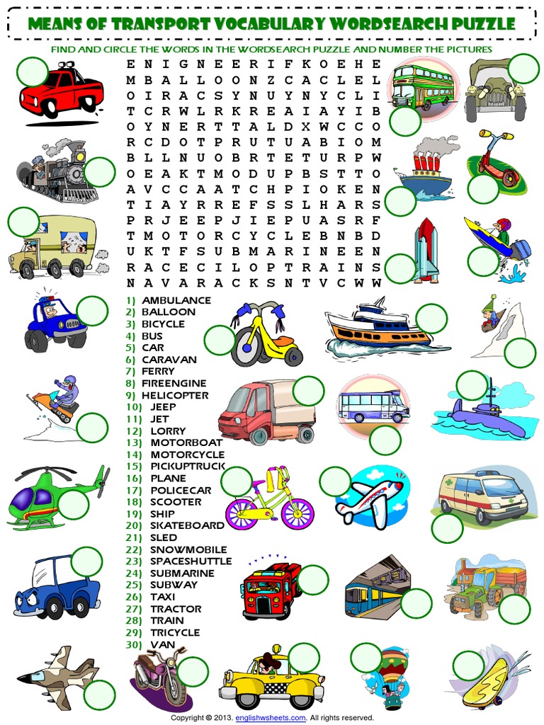Means of Transport Wordsearch Puzzle Vocabulary Worksheet | PDF ...