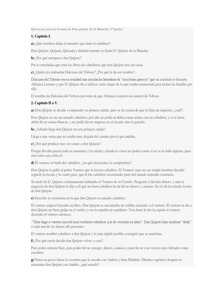 Ejercicios para La Lectura de Don Quijote de La Mancha | PDF | Don ...