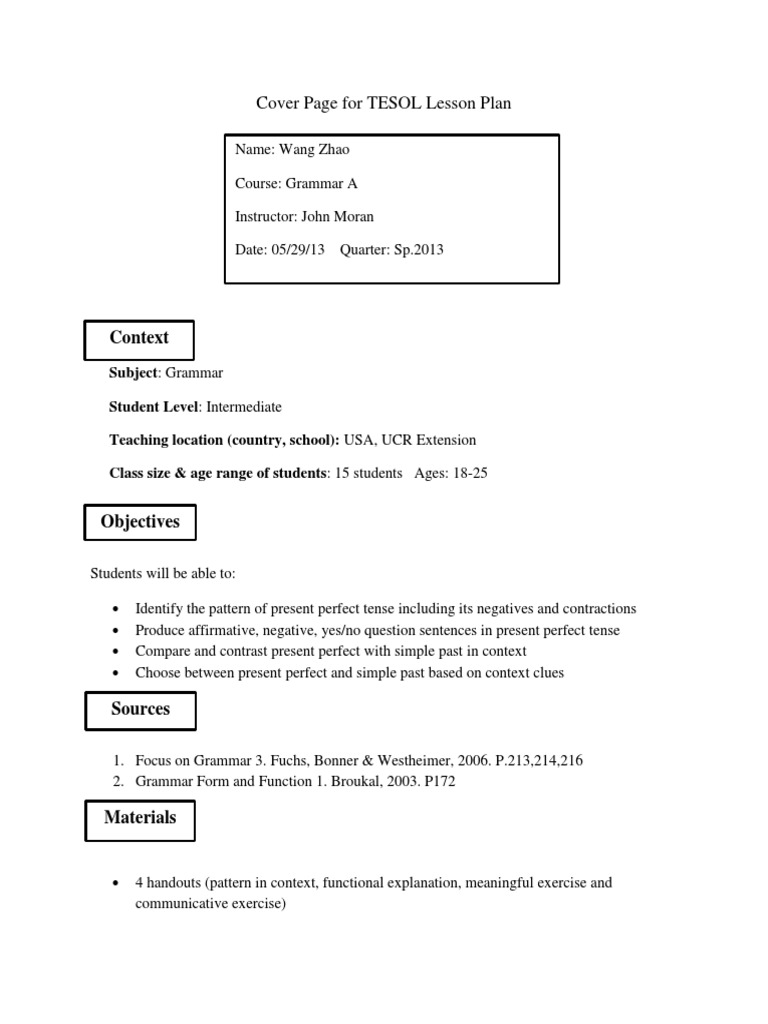 Lesson Plan Present Perfect | PDF | Verb | Reading Comprehension