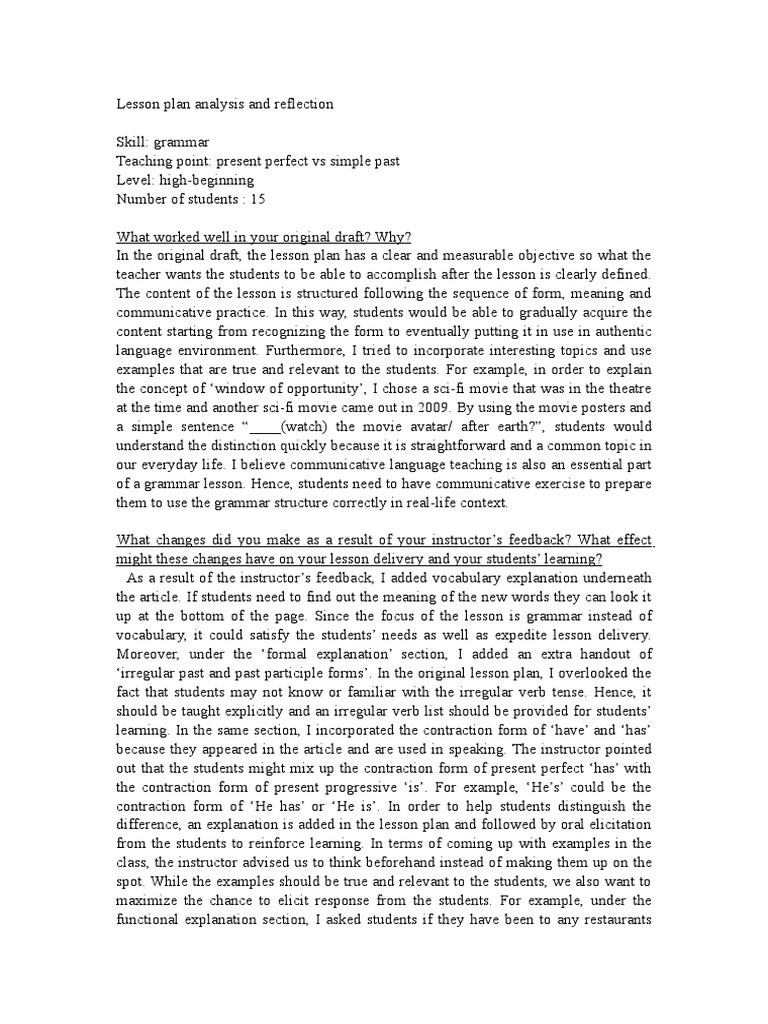 Lesson Plan Analysis and Reflection | PDF | Lesson Plan | Learning