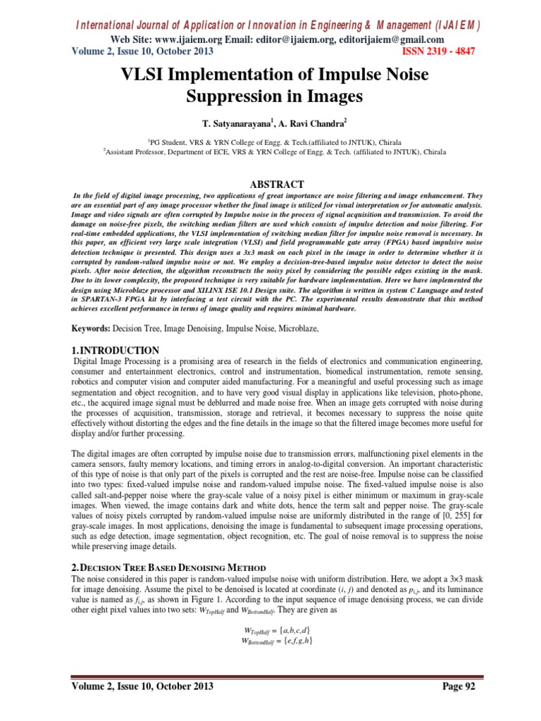 VLSI Implementation of Impulse Noise Suppression in Images | PDF | Image Segmentation | Digital ...