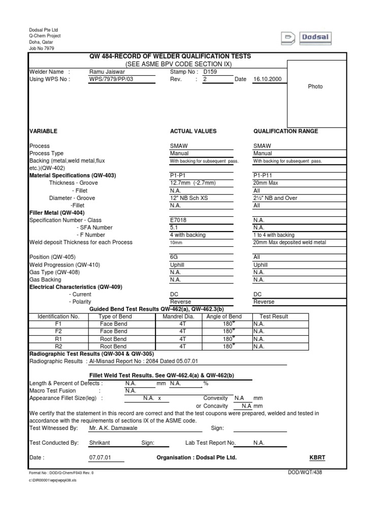 QW 484-Record of Welder Qualification Tests: (See Asme BPV Code Section ...