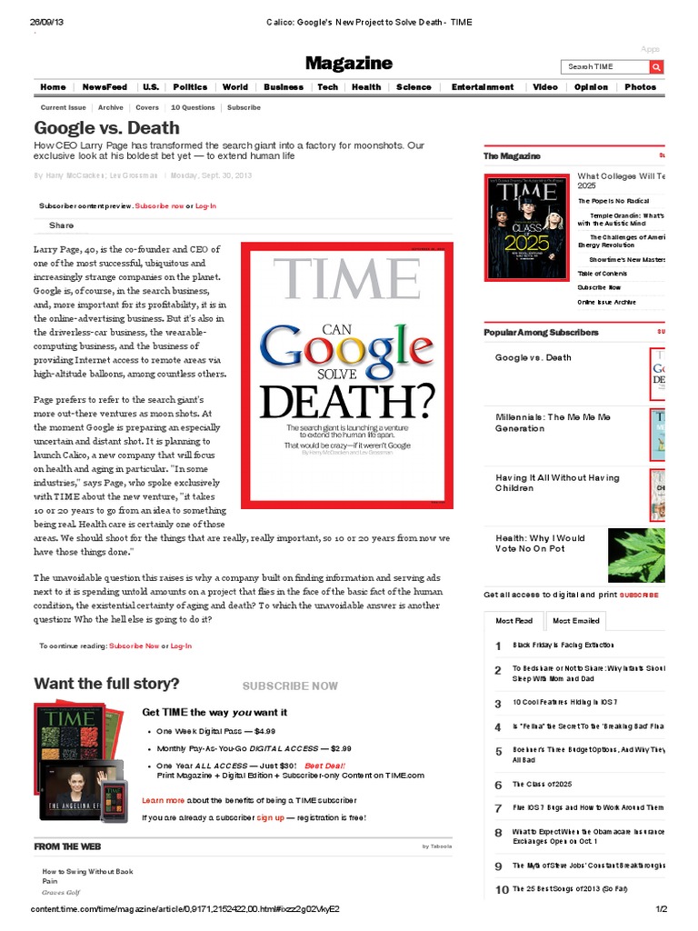Calico - Google's New Project To Solve Death - TIME | PDF | Google ...