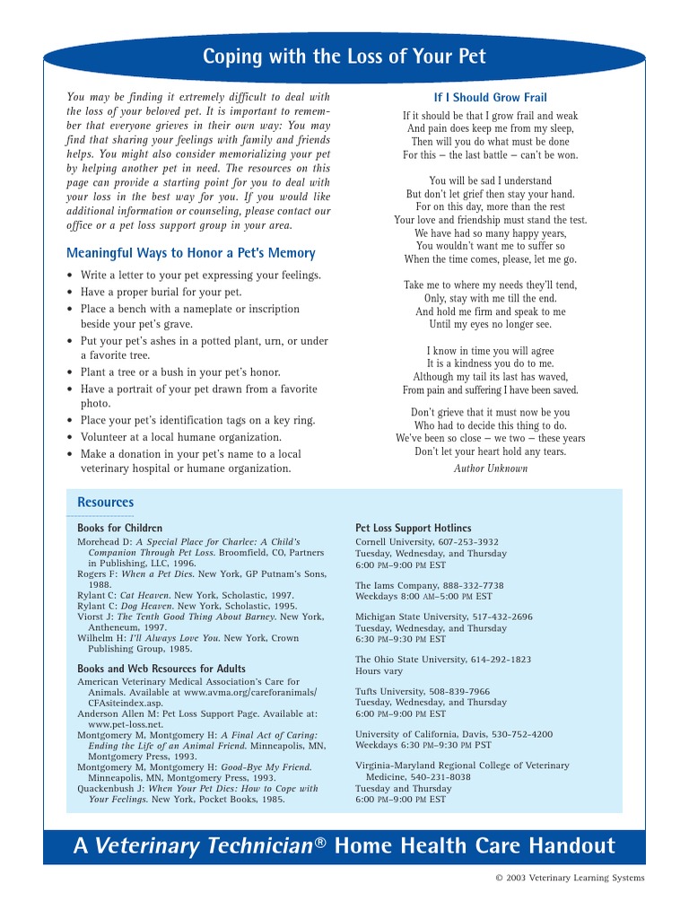 Coping With The Loss of Your Pet: A ® Home Health Care Handout ...