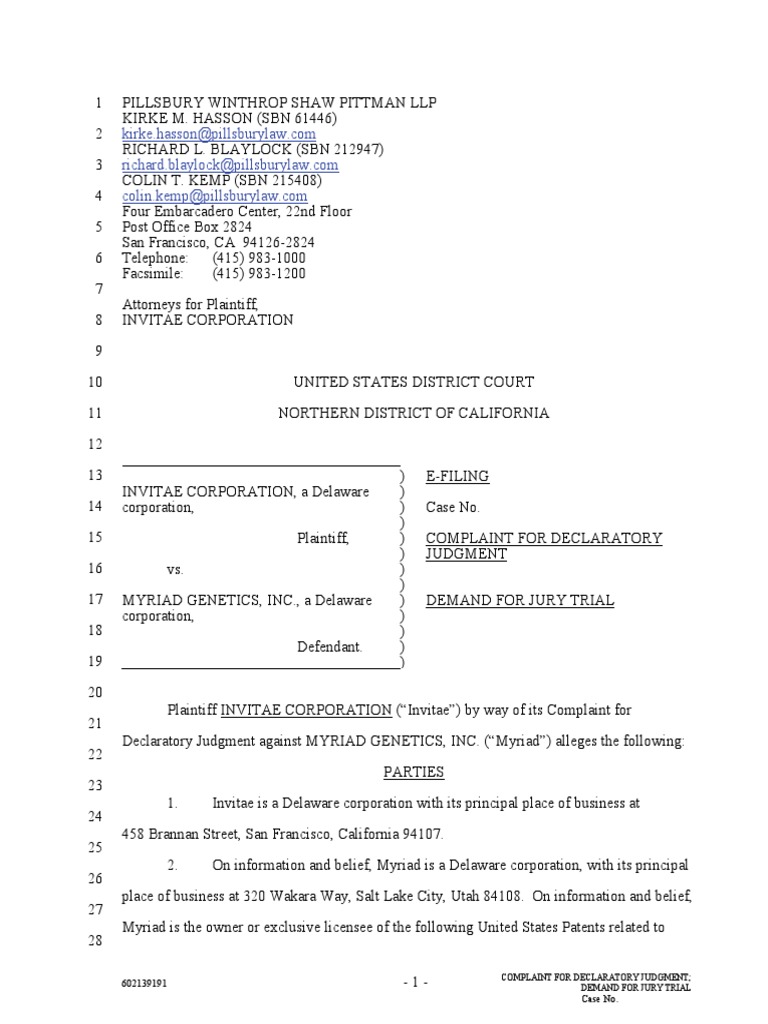Invitae v. Myriad Genetics | PDF | Declaratory Judgment | Patent Infringement
