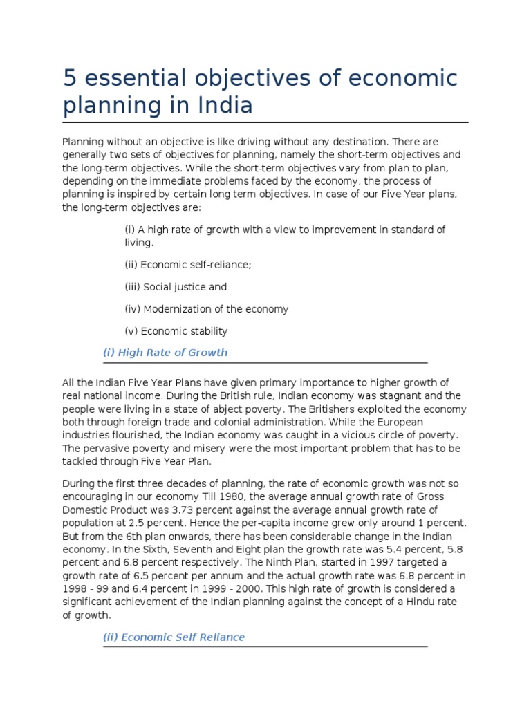 5 Essential Objectives of Economic Planning in India | PDF | Economic ...