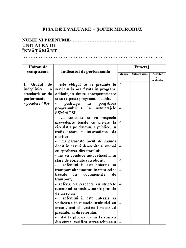 Fisa Evaluare Sofer | PDF