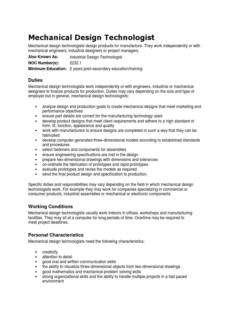 Mechanical Design Technologist Overview | PDF | Mechanical Engineering ...