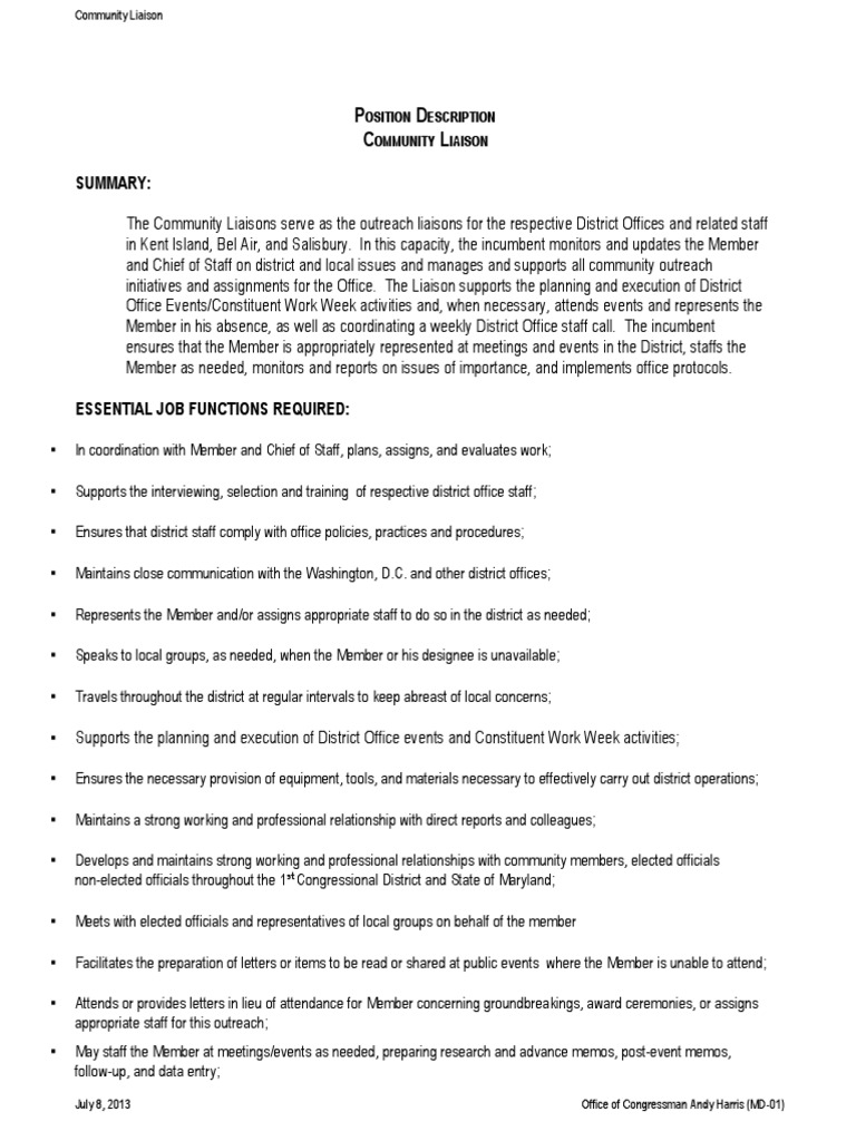 Community Liaison Position Description | PDF | United States Congress ...