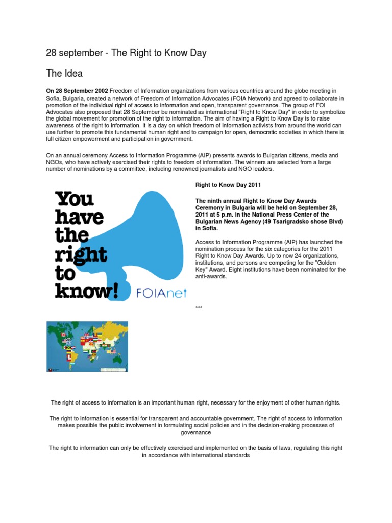 28 September - The Right To Know Day The Idea | PDF | Freedom Of ...