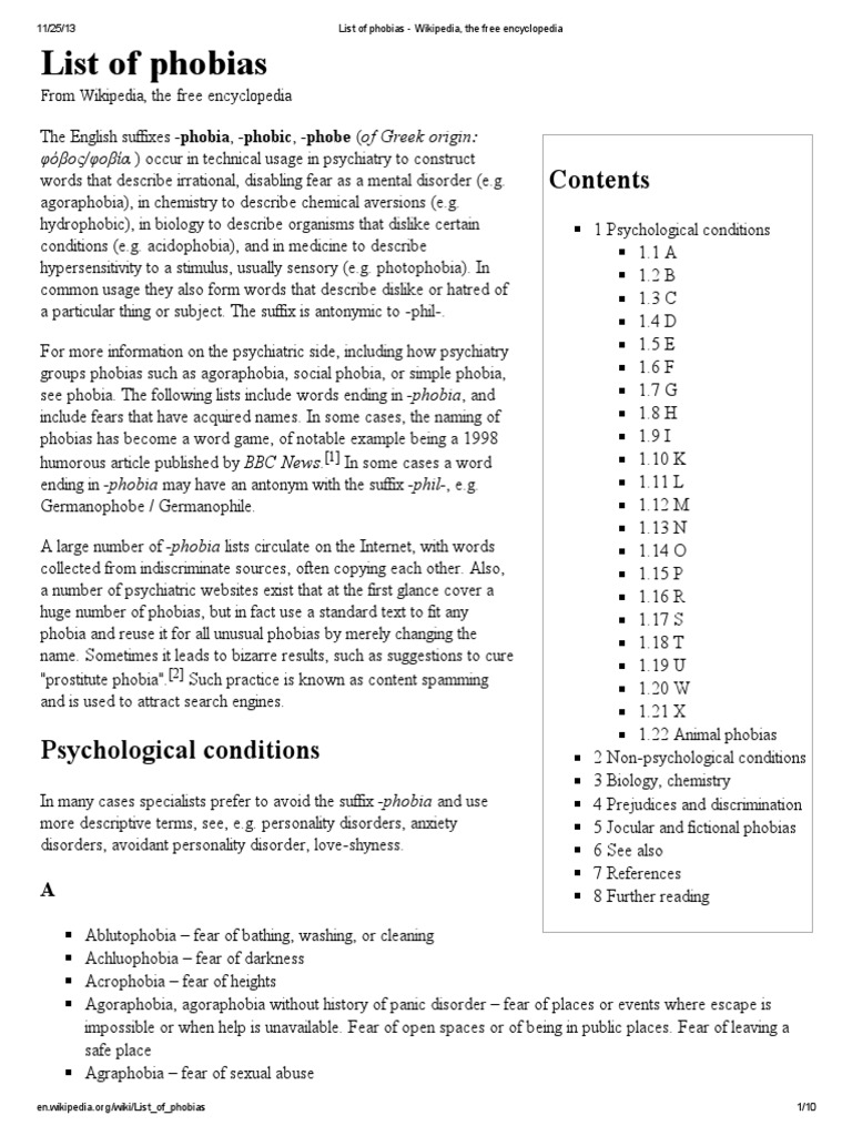 List of Phobias - Wikipedia, The Free Encyclopedia | PDF | Phobia ...