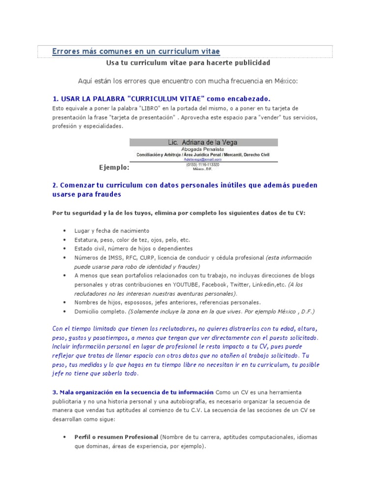 Errores Más Comunes en Un Curriculum Vitae | Descargar gratis PDF ...