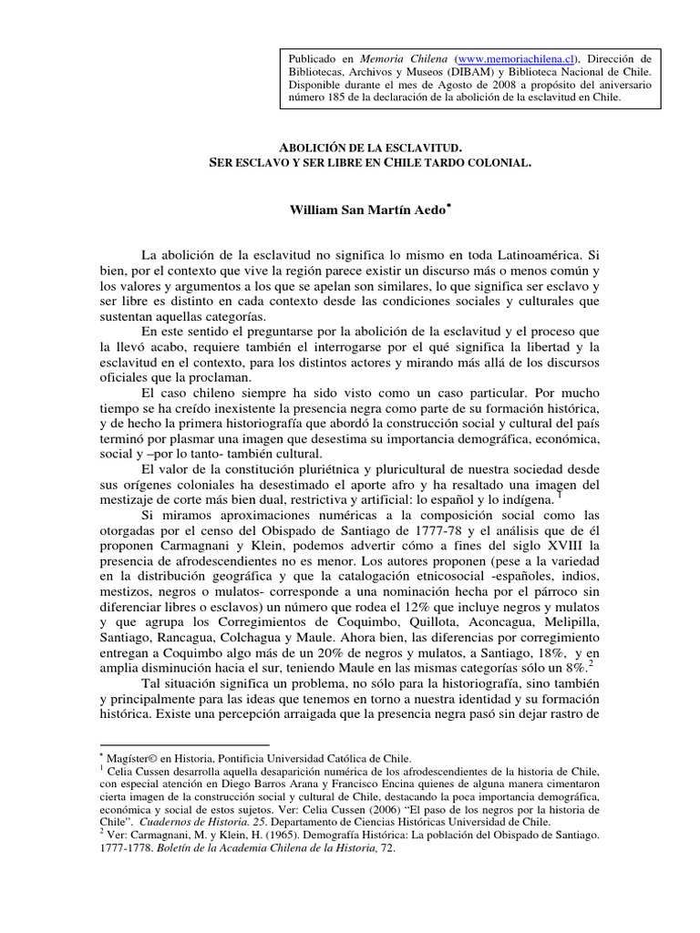 Abolición de La Esclavitud. Ser Esclavo y Ser Libre en Chile Tardo ...