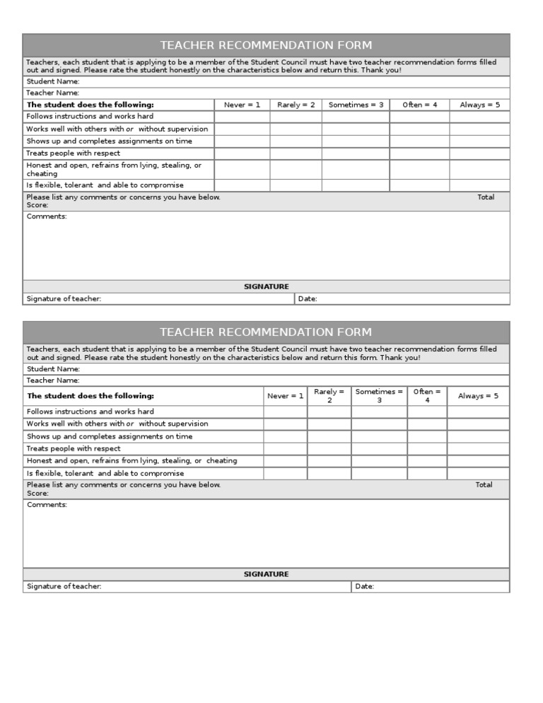 Teacher Recommendation Form Generic
