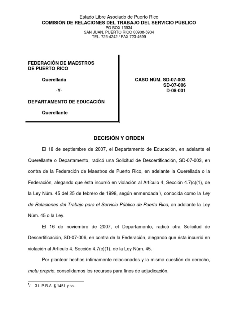 Caso CRT Sobre Descertificacion Federacion de Maestros D-08-001 SD-07-003 08-Ene-08 | PDF ...