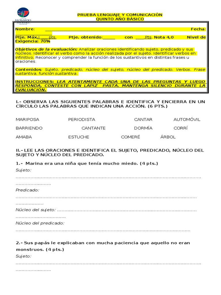 5° PRUEBA SUJETO Y PREDICADO | Predicado (Gramática) | Asunto (gramática)