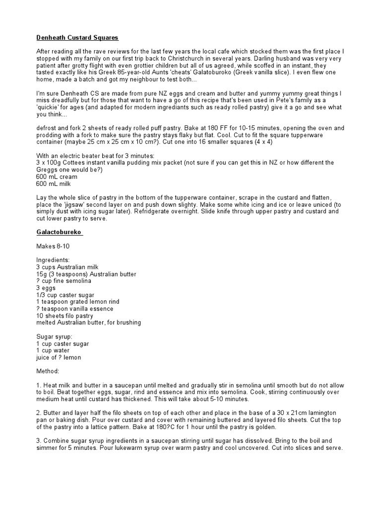 Denheath Custard Squares | PDF | Custard | Baked Goods