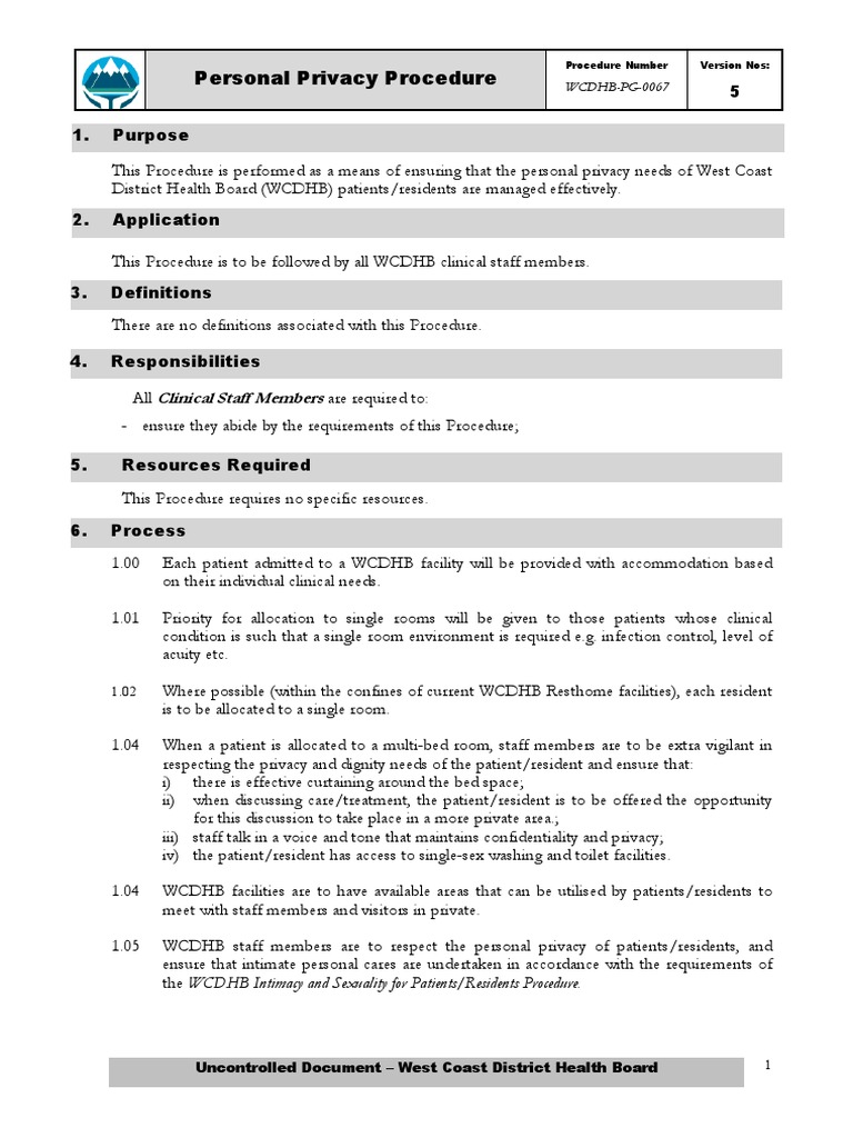 WCDHB Personal Privacy Procedure Guide | PDF | Patient | Nursing Home Care