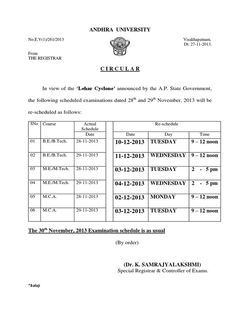 Andhra University Exam Reschedule Notice | PDF