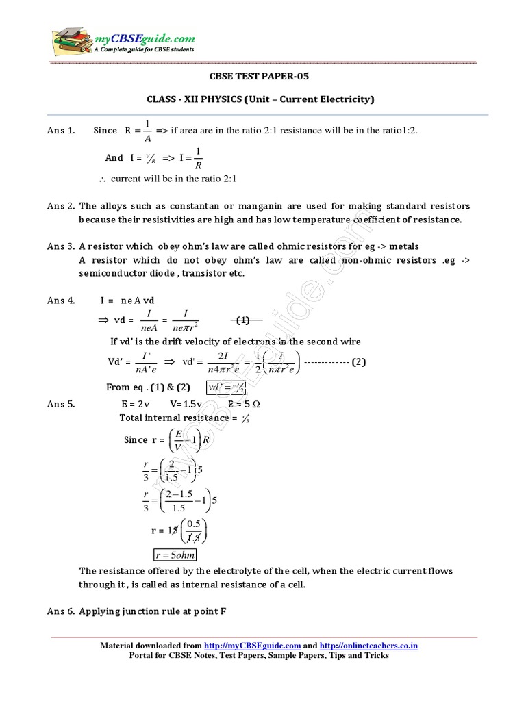 Class 12 Current Electricity Test Paper | PDF | Electrical Resistance ...