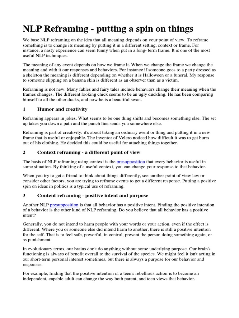 NLP Reframing | PDF | Adolescence | Punishments