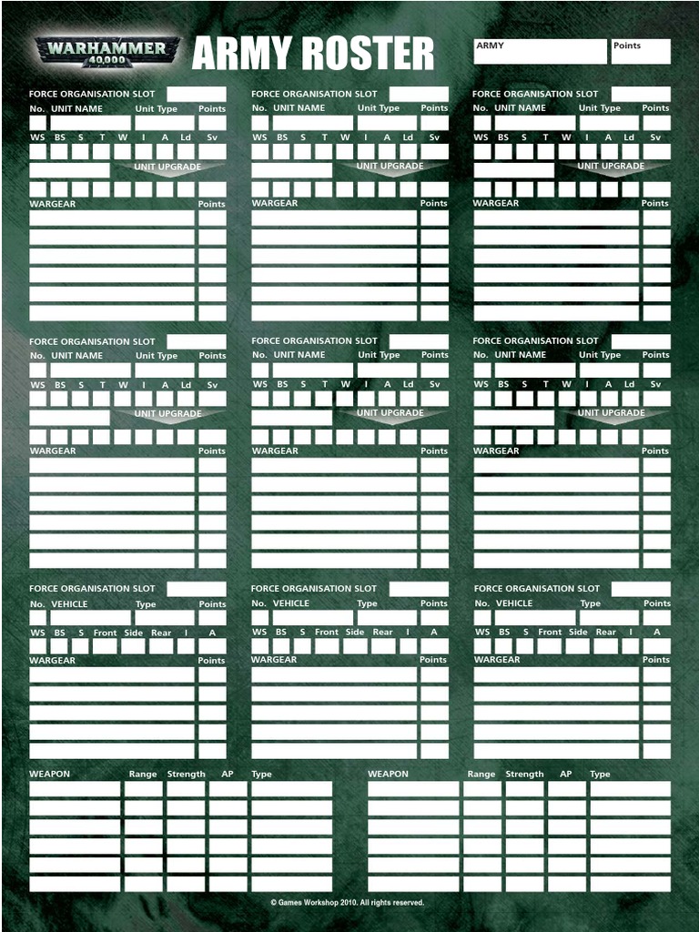 Warhammer 40K Army Roster (Blank) | PDF