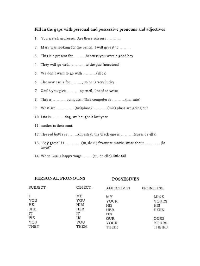 Personal & Possessive Pronouns Exercise | PDF | Home & Garden