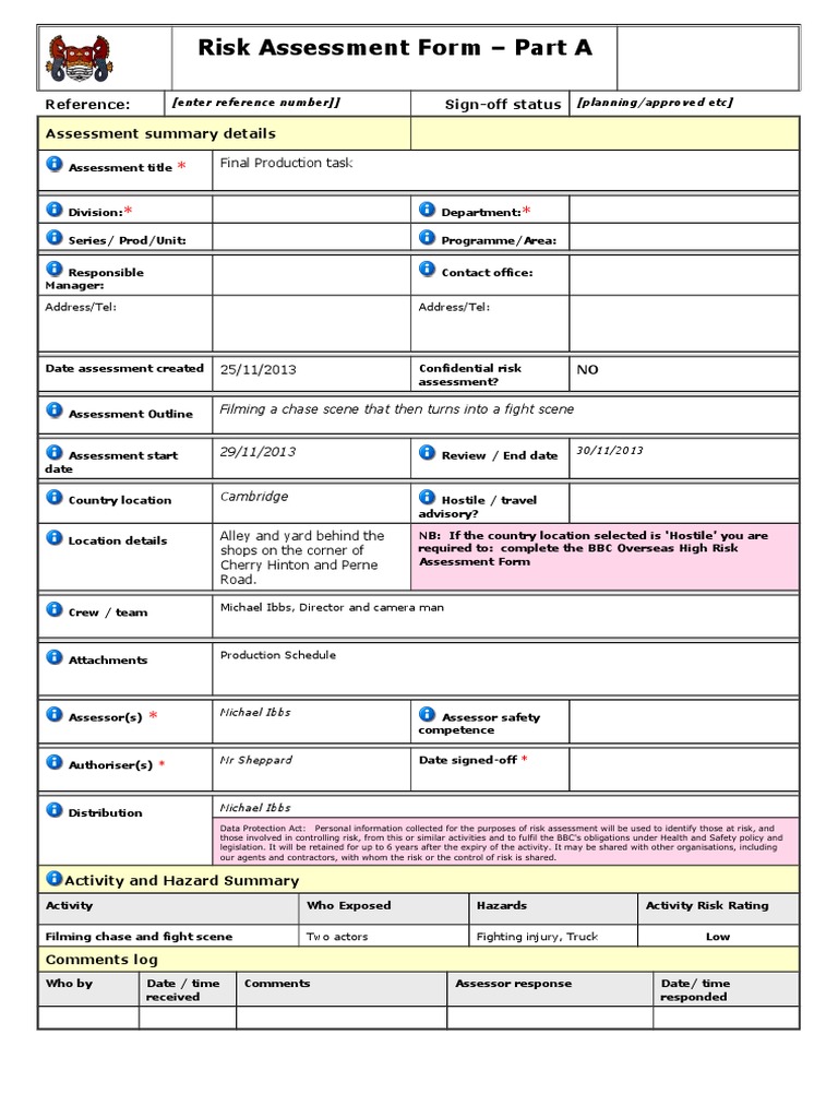 Risk Assessment Form - Part A: Reference: Sign-Off Status Assessment ...