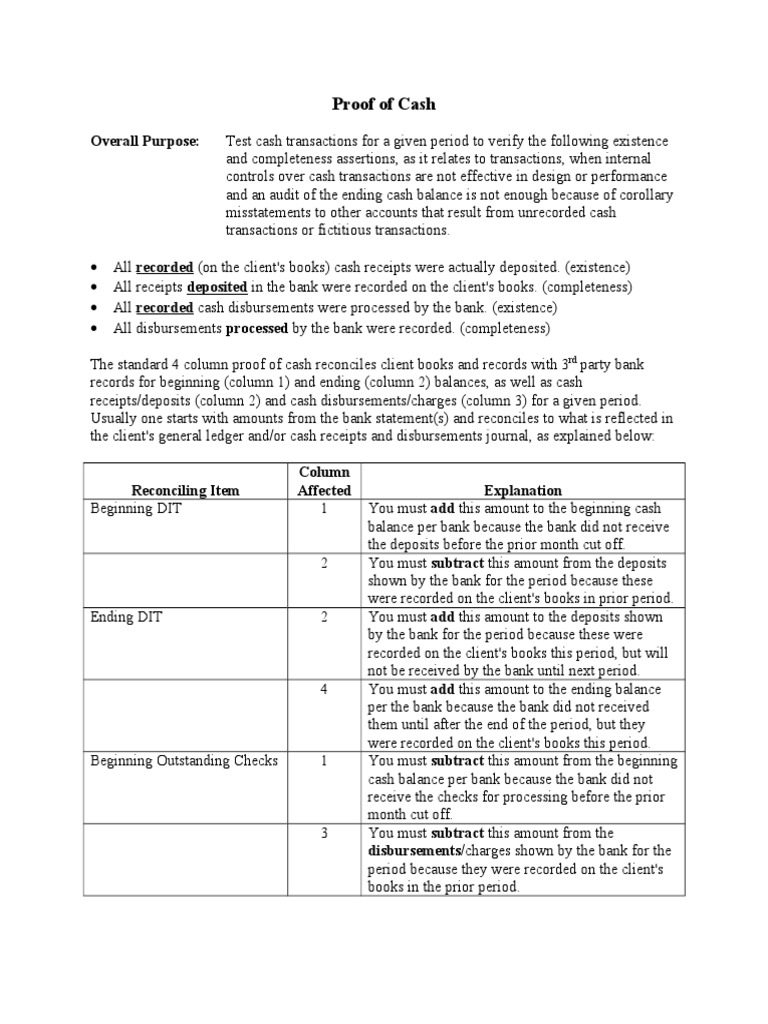 Proof of Cash: Overall Purpose | Download Free PDF | Deposit Account ...