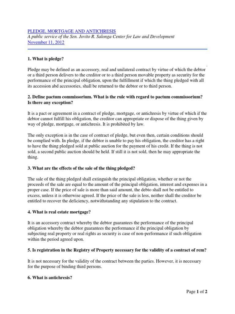 Pledge Mortgage Antichresis | PDF | Mortgage Law | Debtor